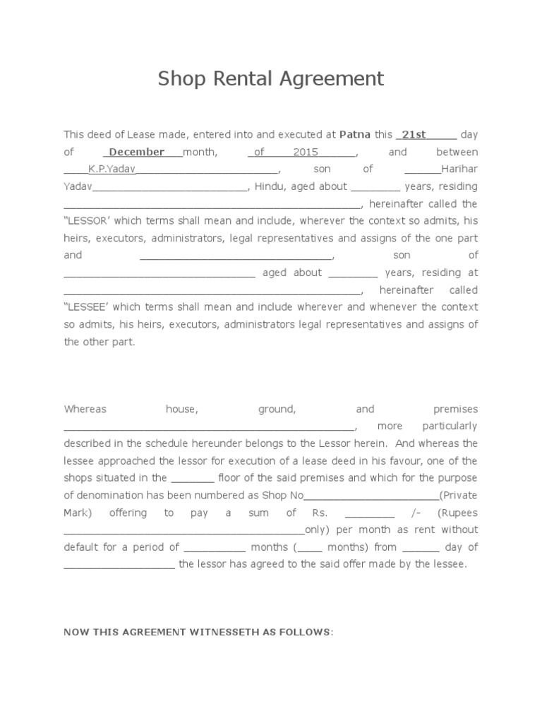 Shop Rental Agreement | PDF | Land Law | Lease