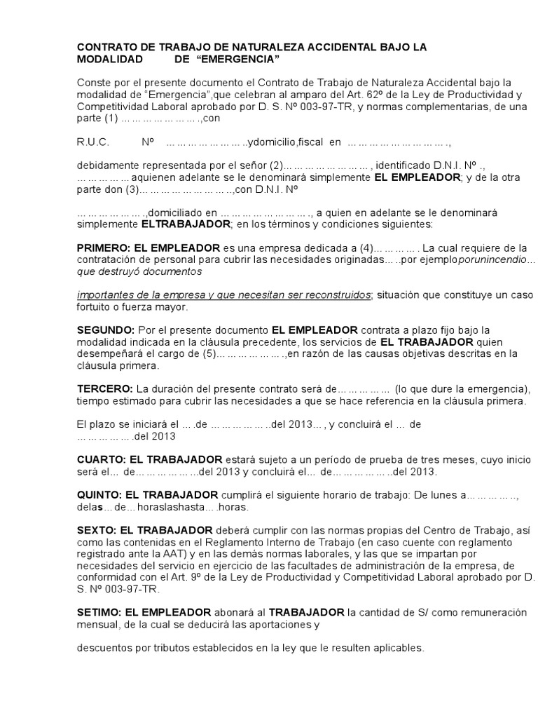 Contrato Accidental Emergencia modelo | Derecho laboral | Economias | Prueba gratuita de 30 días ...