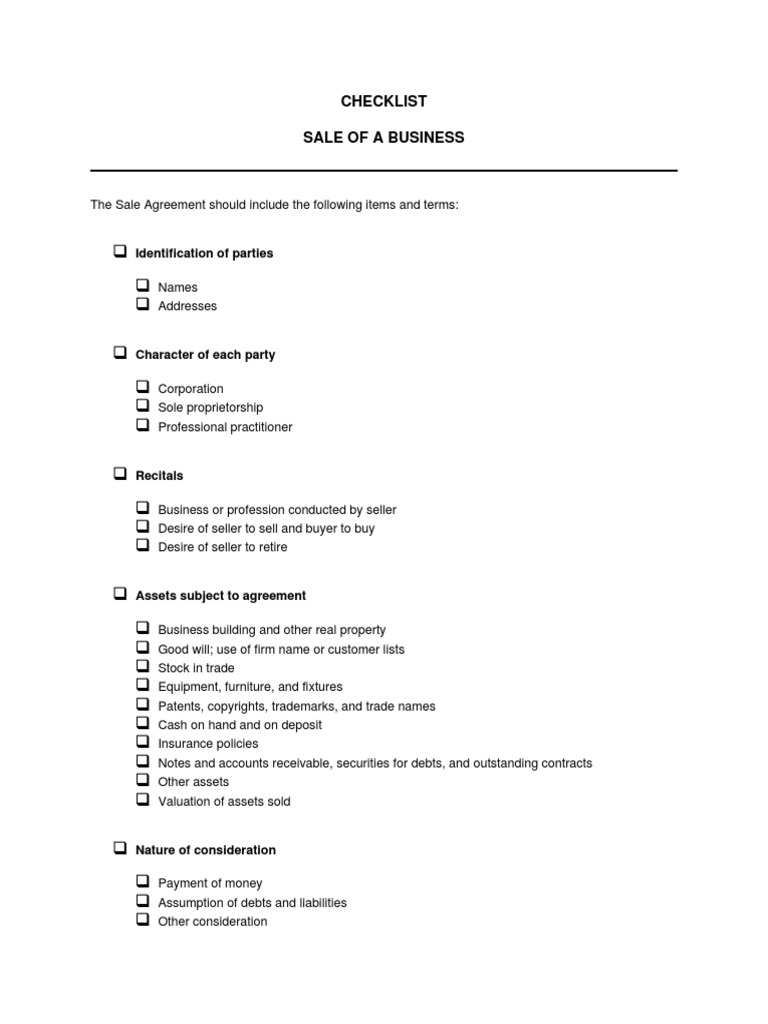 Checklist - Sale of A Business | PDF | Copyright | Business