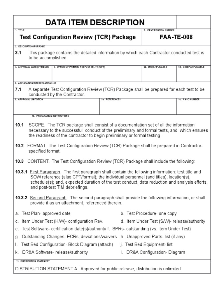 Data Item Description: Test Configuration Review (TCR) Package FAA-TE ...