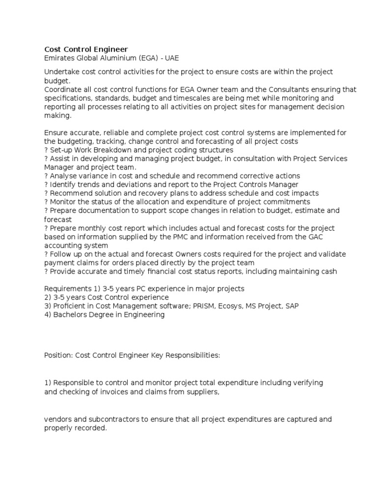 Cost Control Engineer Responsibilities | PDF | Cost Accounting ...