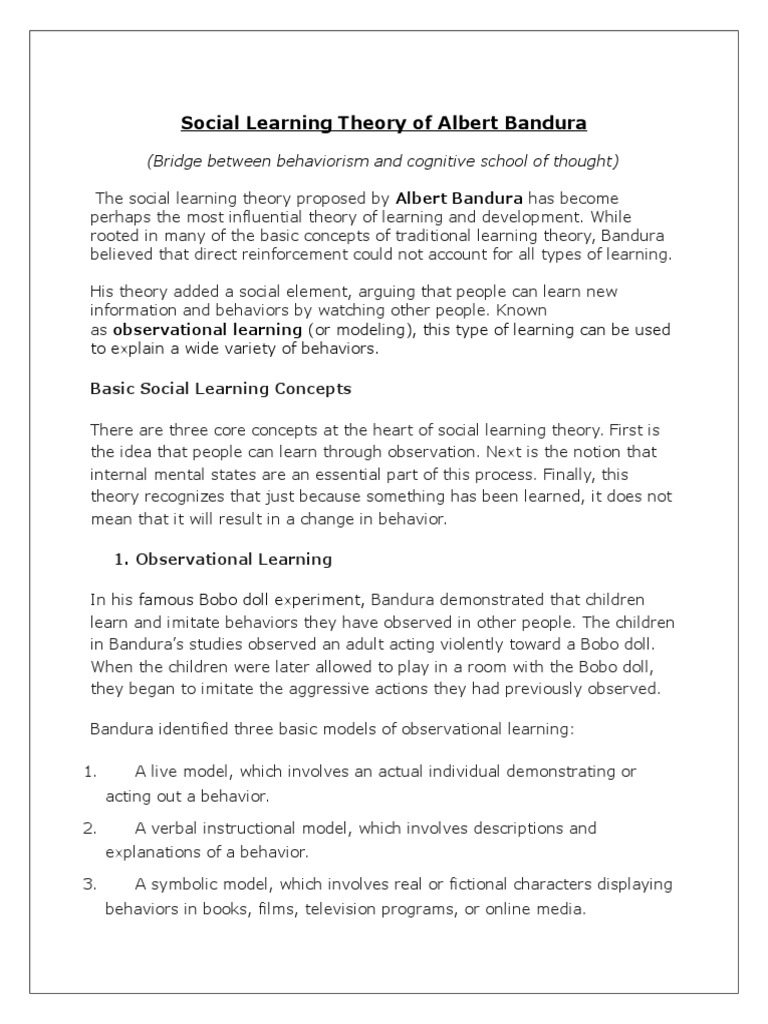 Social Learning Theory of Albert Bandura | PDF | Learning | Cognition
