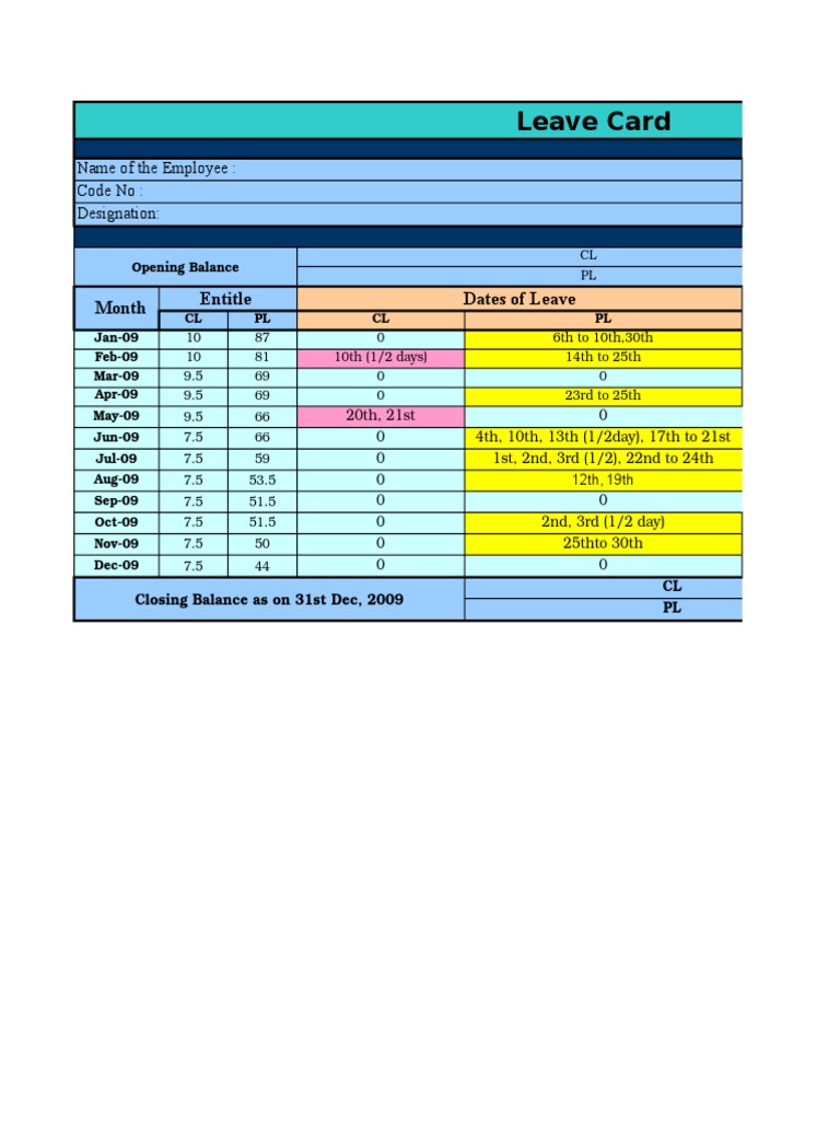 Employee Leave Card for 2009: Tracking Monthly Leave Entitlement, Usage ...