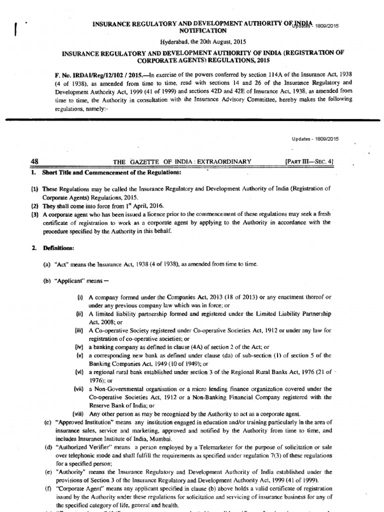 IRDAI (Registration of Corporate Agents) Regulations 2015 | Law Of ...