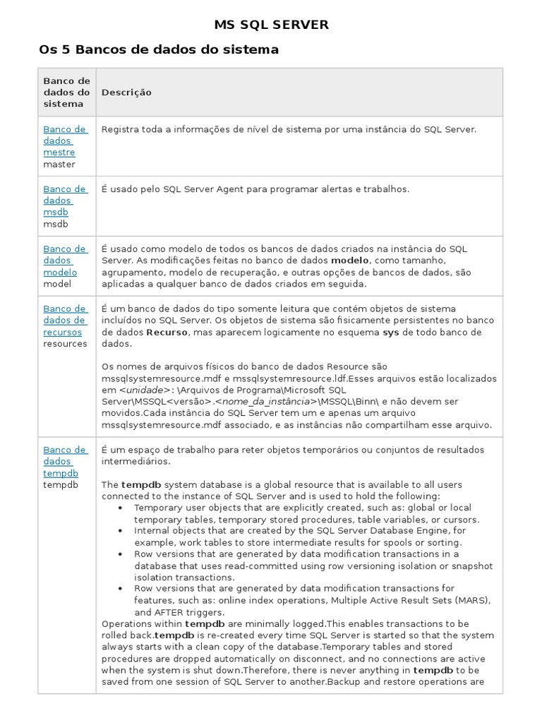 SQL Server Resumo | PDF | Identificador | Bancos de dados