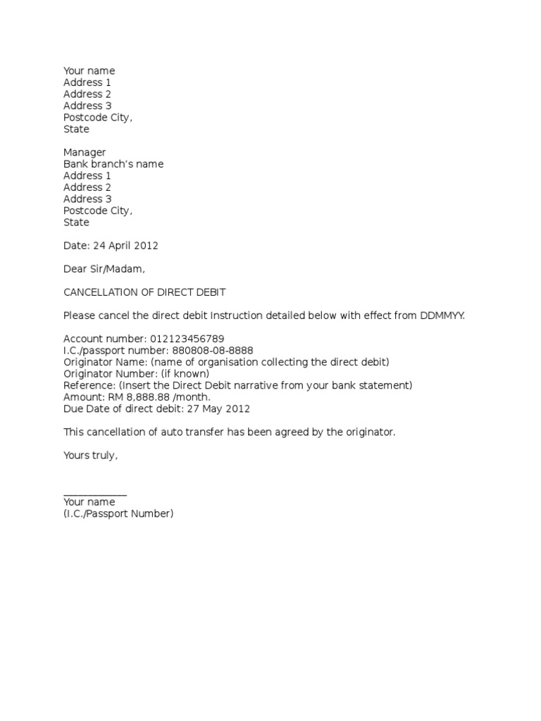 Direct Debit Cancellation Letter Sample | PDF | Business | Finance ...