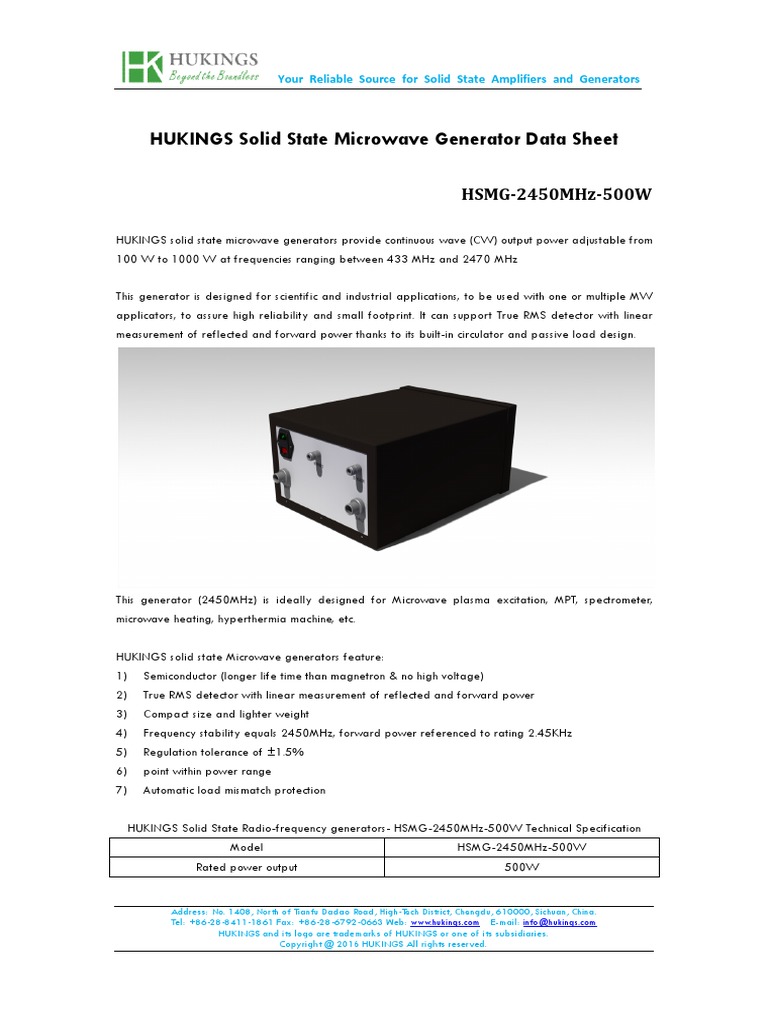 HUKINGS Solid State Microwave Generator Data Sheet-HSMG-2450MHz-500W ...