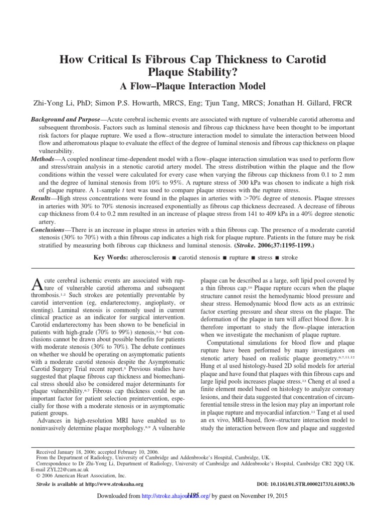 How Critical Is Fibrous Cap Thickness To Carotid Plaque Stability ...