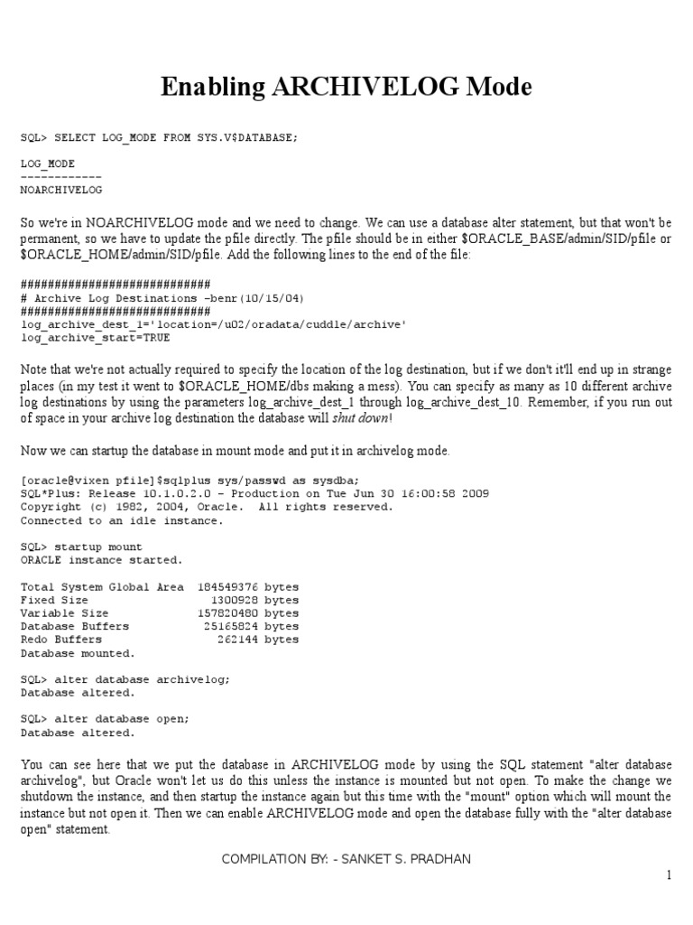 Enabling Archive - Log Mode | Download Free PDF | Oracle Database | Databases