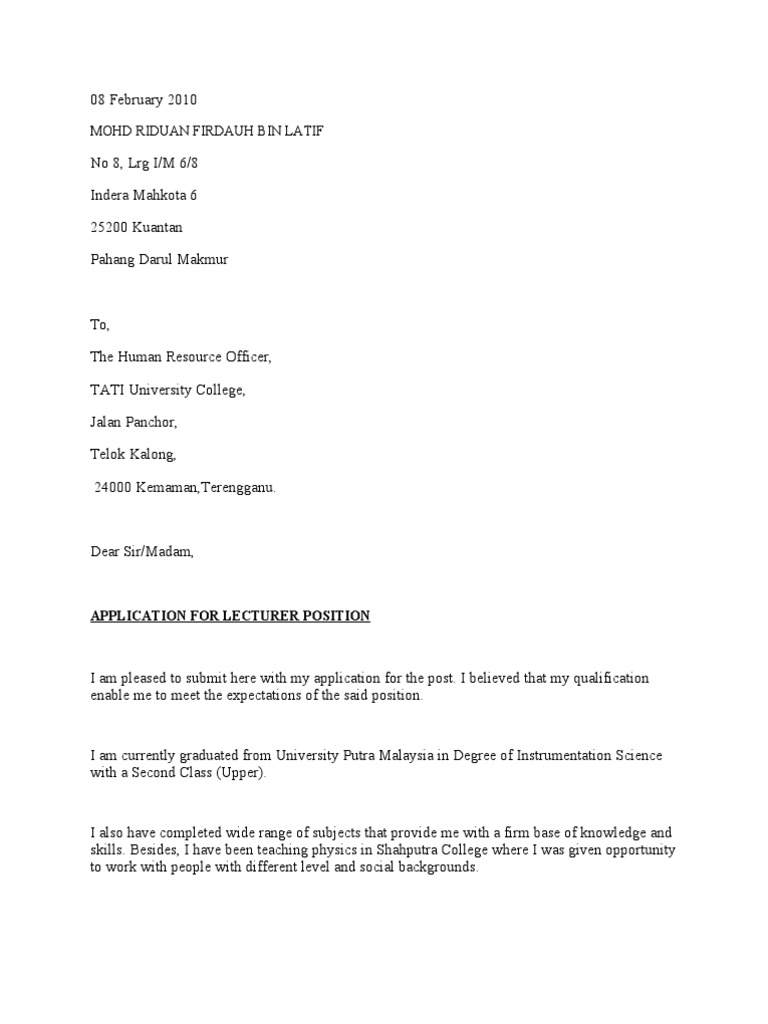 Lecturer Position Application Letter | PDF