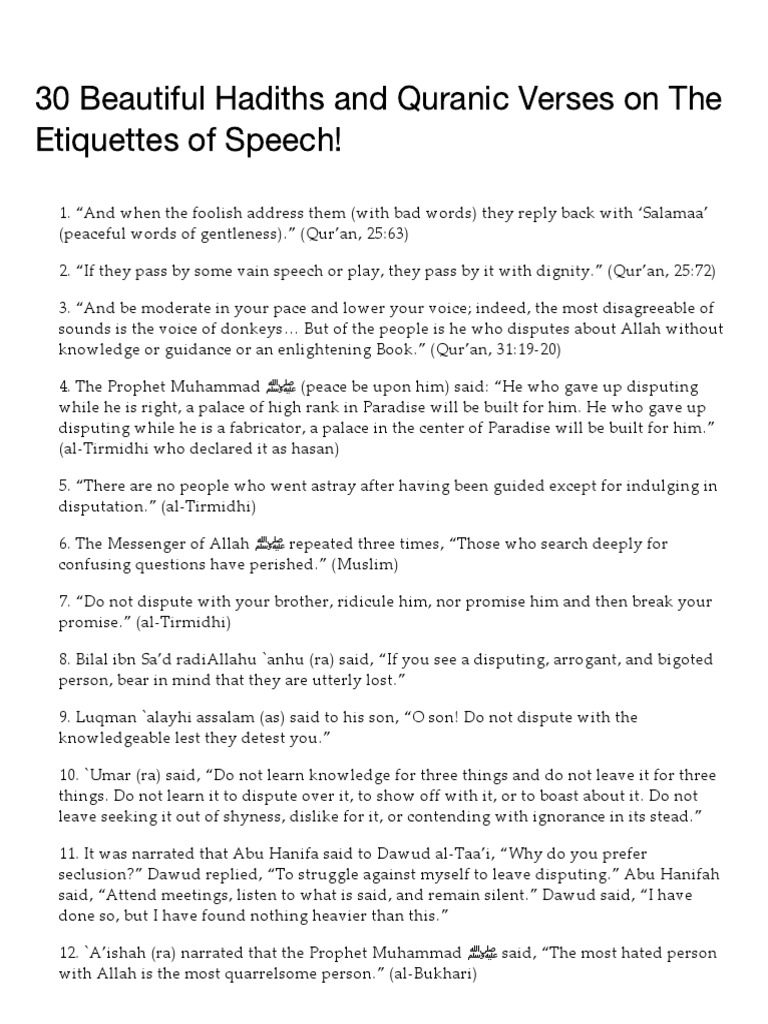 30 Beautiful Hadiths and Quranic Verses On The Etiquettes of Speech ...