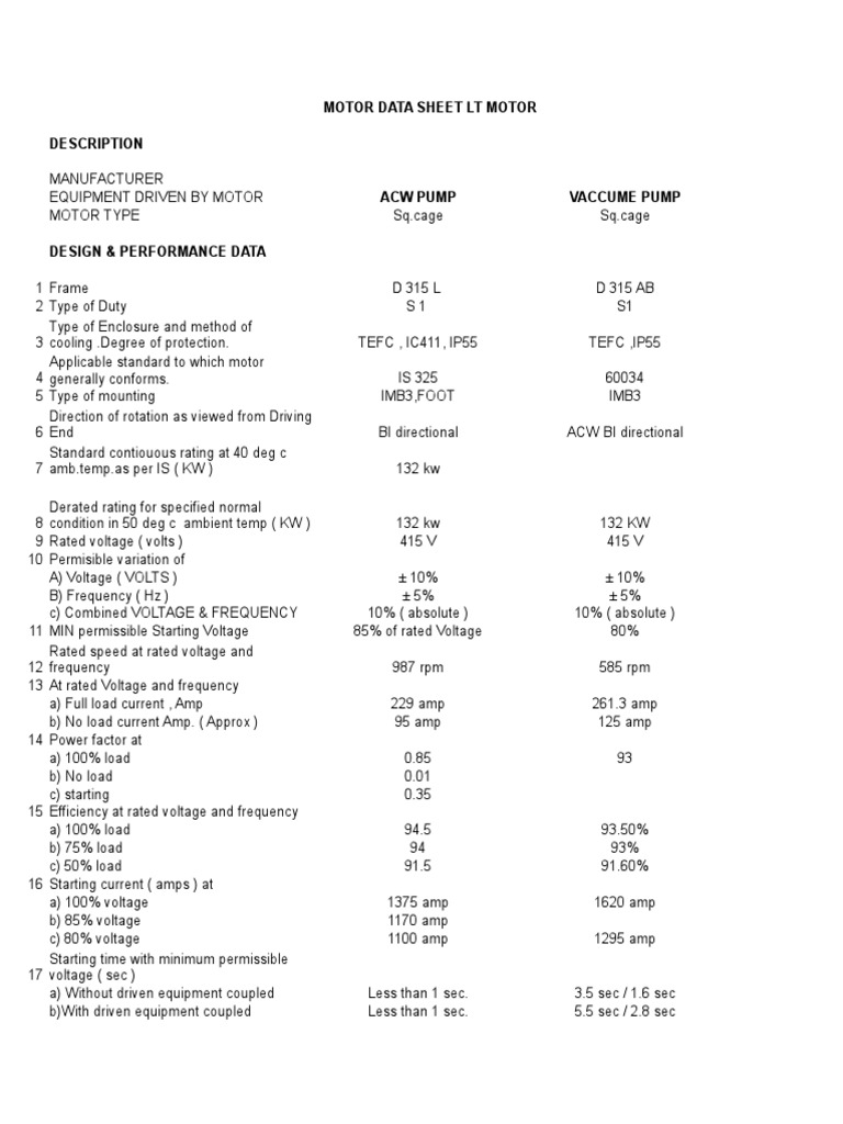 LT Motor Data Sheet Overview | PDF | Voltage | Bearing (Mechanical)