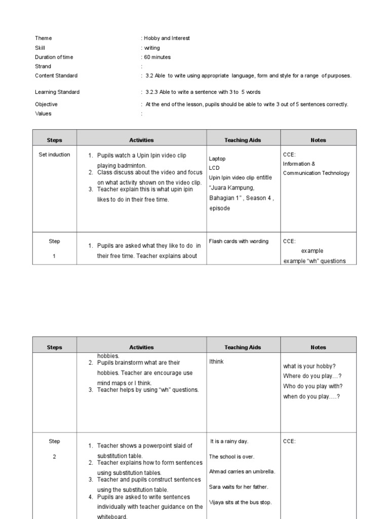 Lesson Plan Year 6 (Writing-hobby & Interest) | Lesson Plan ...