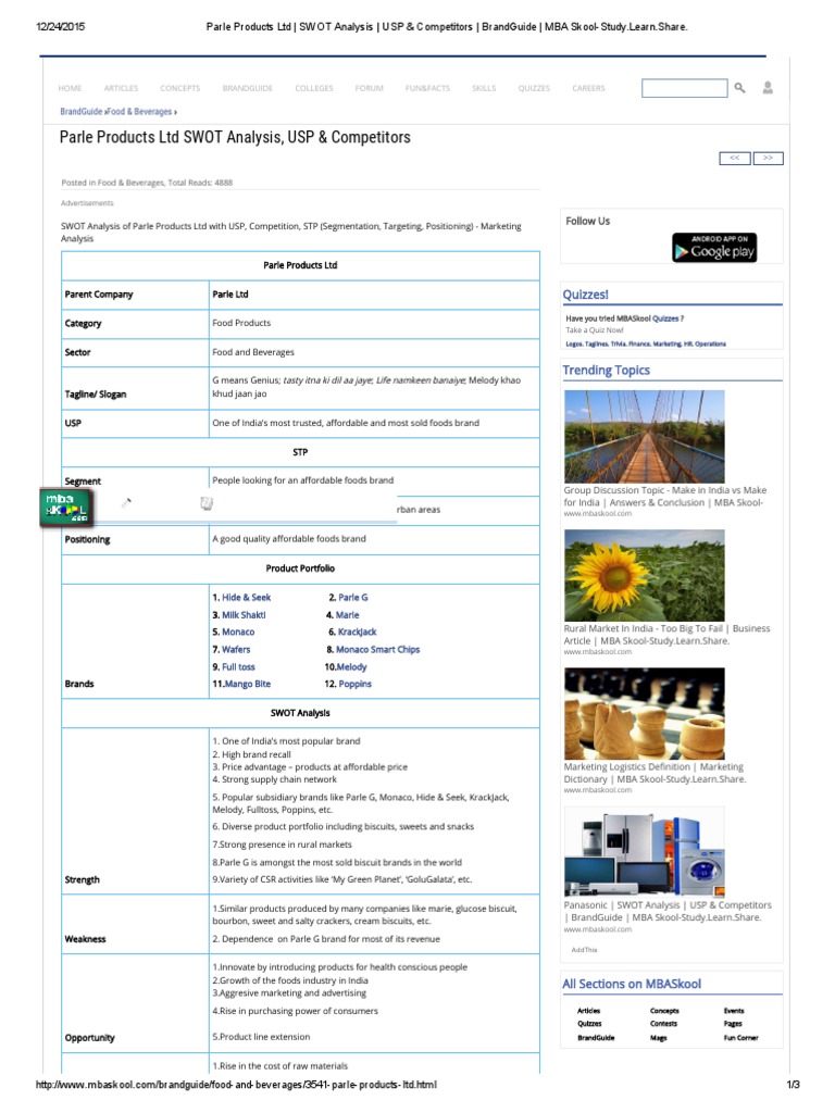 Parle Products LTD - SWOT Analysis - USP & Competitors - BrandGuide ...
