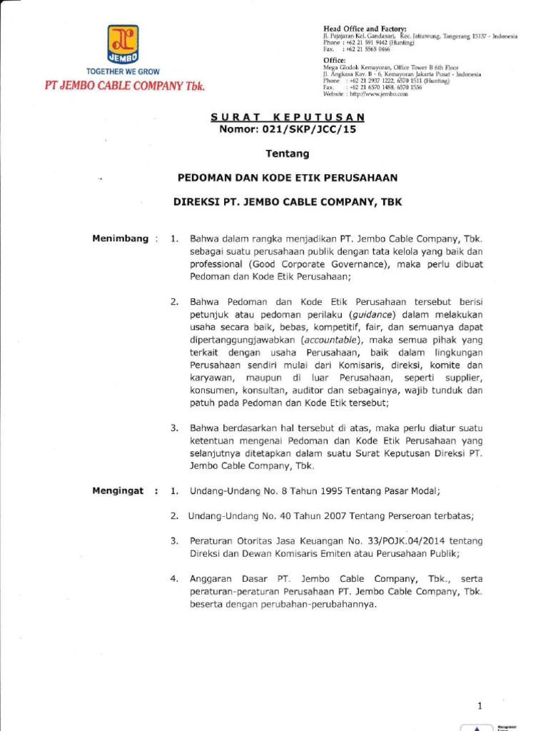 Surat Keputusan Tentang Pedoman Dan Kode Etik Perusahaan - Compressed | PDF