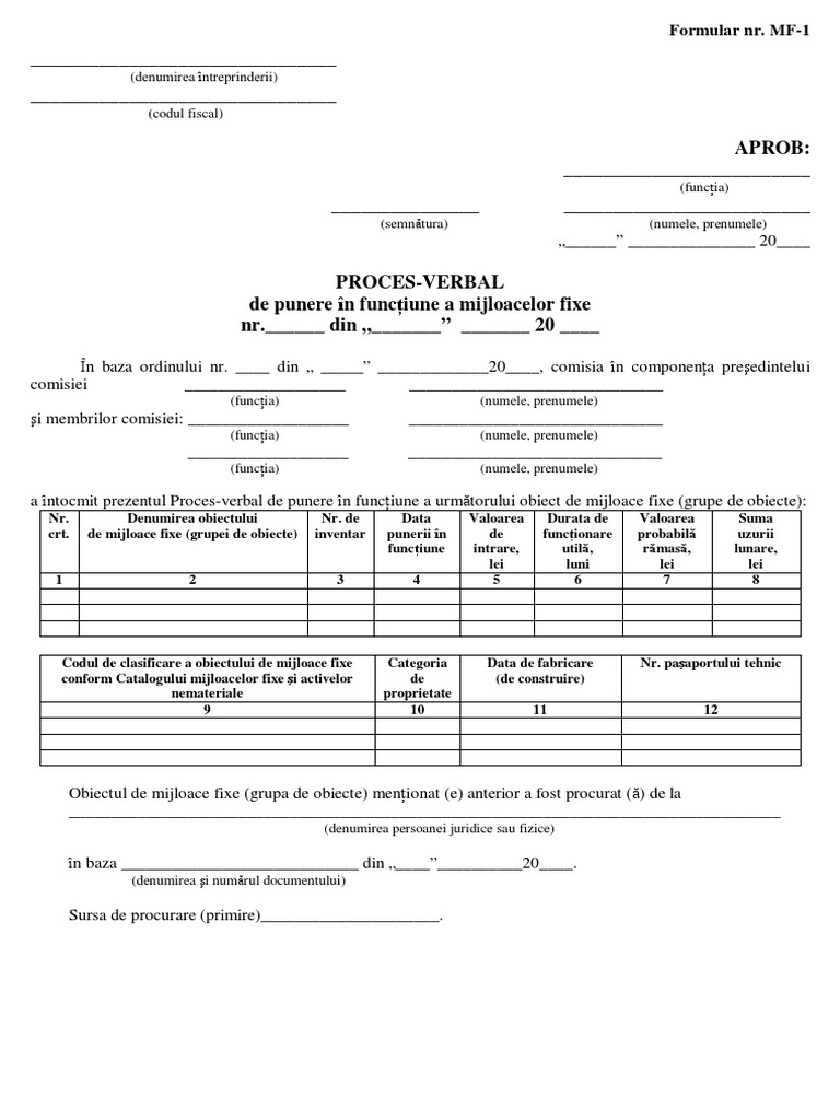 Proces - Verbal de Primire - Predare A Mijloacelor Fixe | PDF