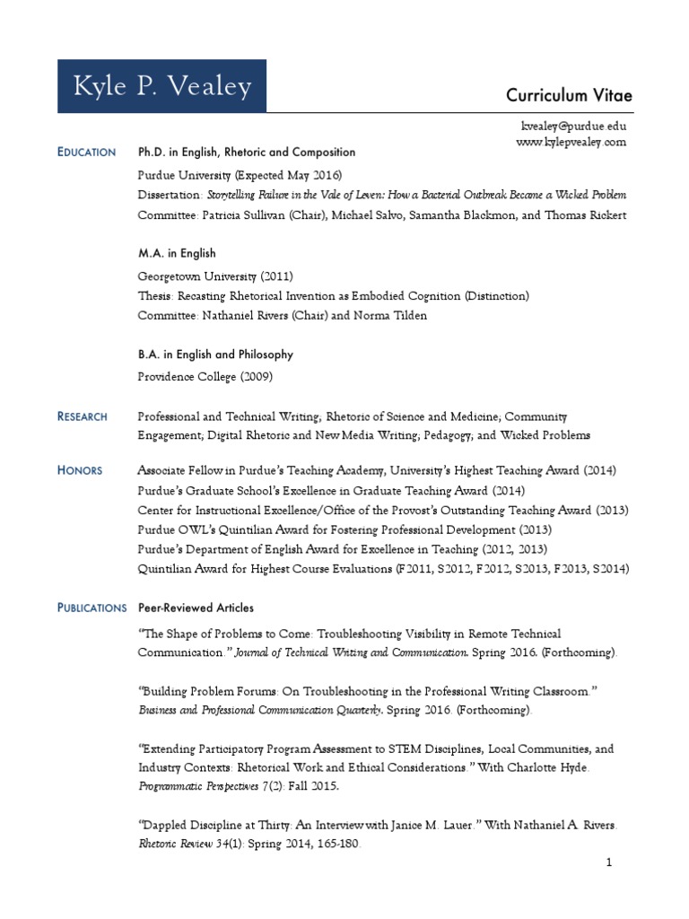 Kyle P. Vealey: Curriculum Vitae | PDF | Rhetoric | Graduate School
