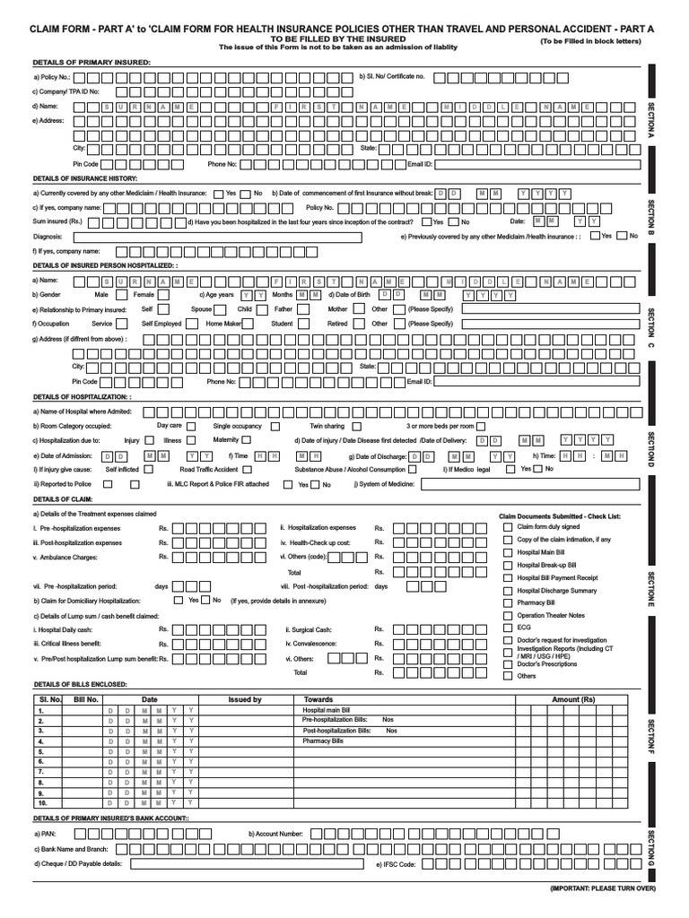 Claim Form - Part A' To 'Claim Form For Health Insurance Policies Other ...
