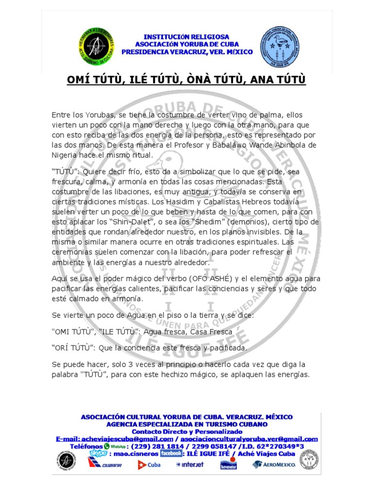 Omí Tútù, Ilé Tútù, Ònà Tútù, Ana Tútù | PDF | Espíritu | Rituales