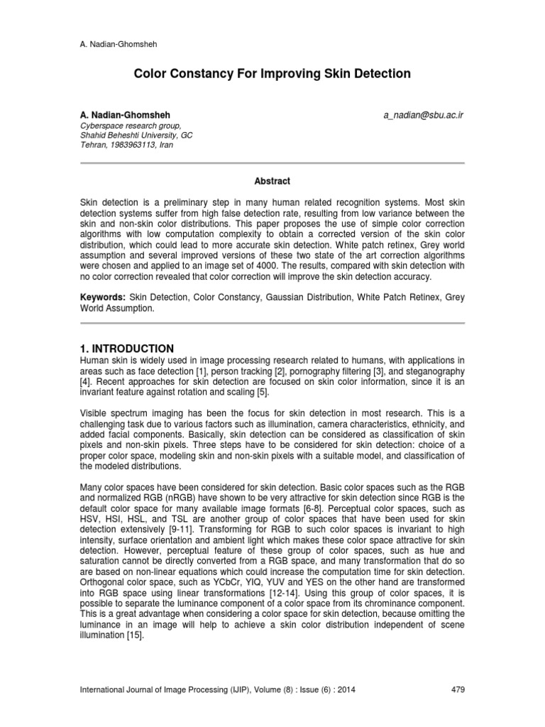 Color Constancy For Improving Skin Detection | PDF | Color | Optics
