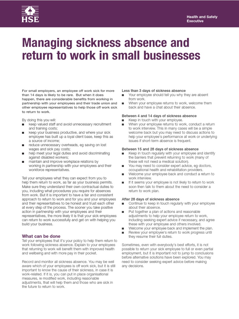 Indg399 - Managing Sickness Absence and Return To Work in Small ...
