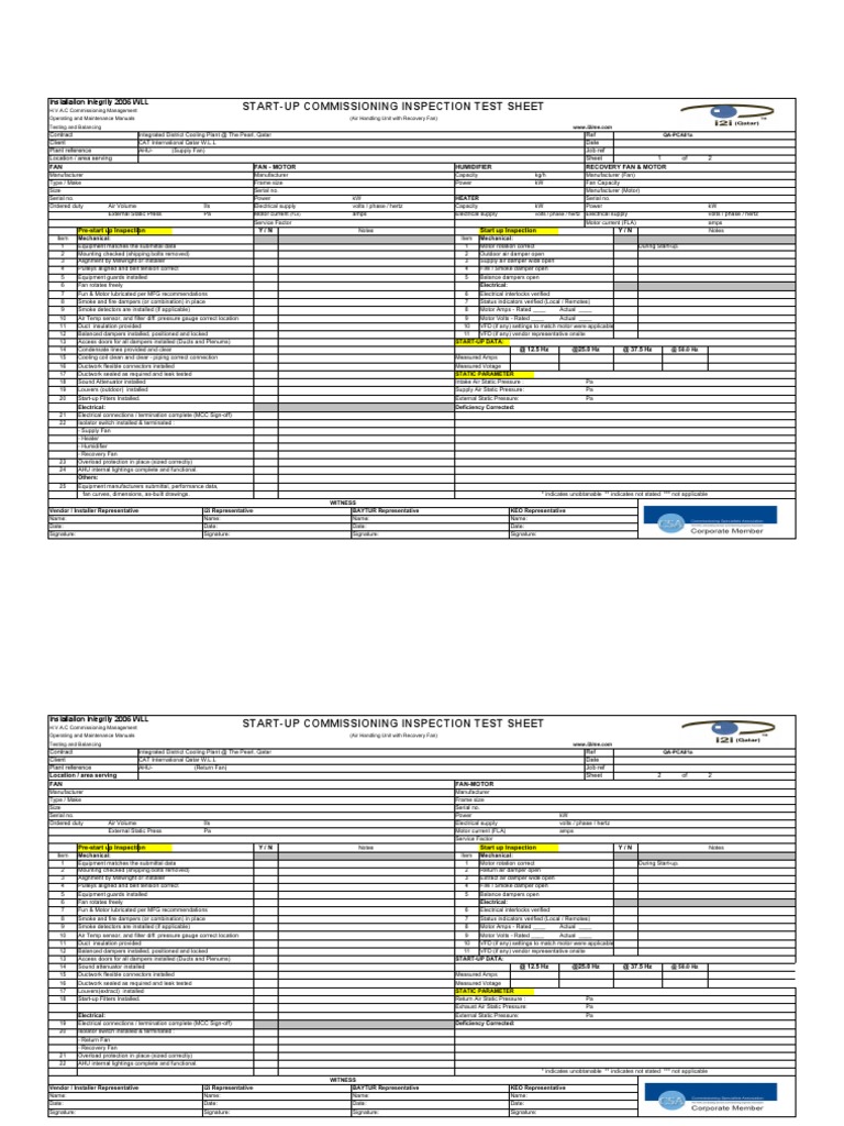 AHU - With Recovery Fan Startup Checklist | PDF | Duct (Flow) | Temperature