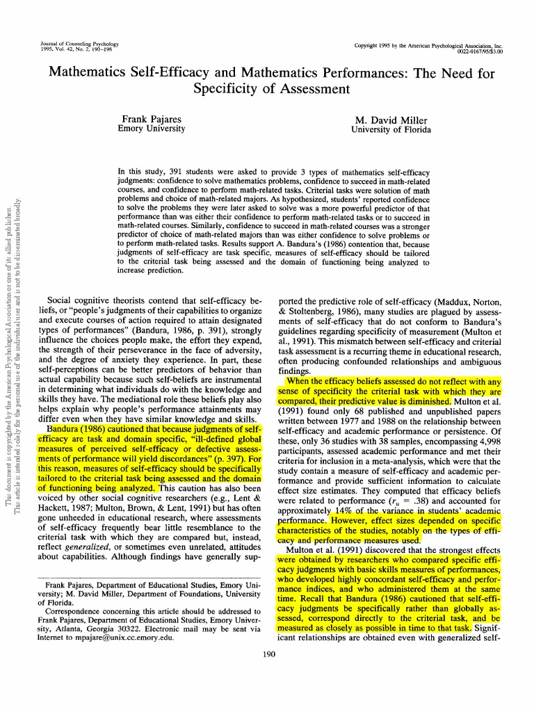 Mathematics Self-Efficacy and Mathematics Performances The Need For Specificity of Assessment ...