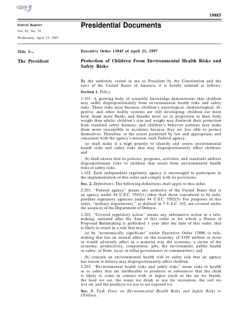 Protection of Children From Environmental Health Risks and Safety Risks ...