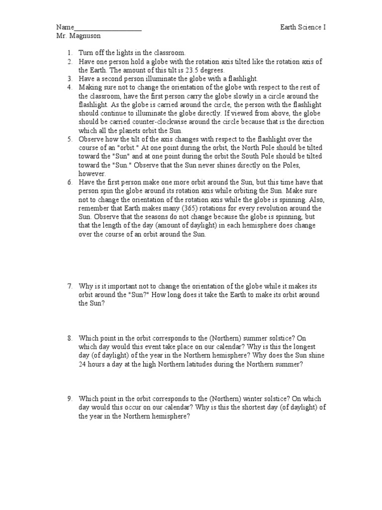 Earth's Motion and Seasons Worksheet | PDF | Rotation | Earth