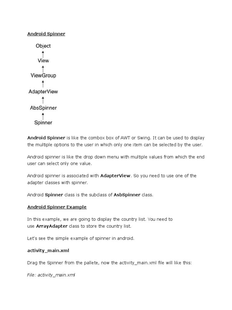 Android Spinner: File: Activity - Main - XML | PDF | Android (Operating System) | String ...