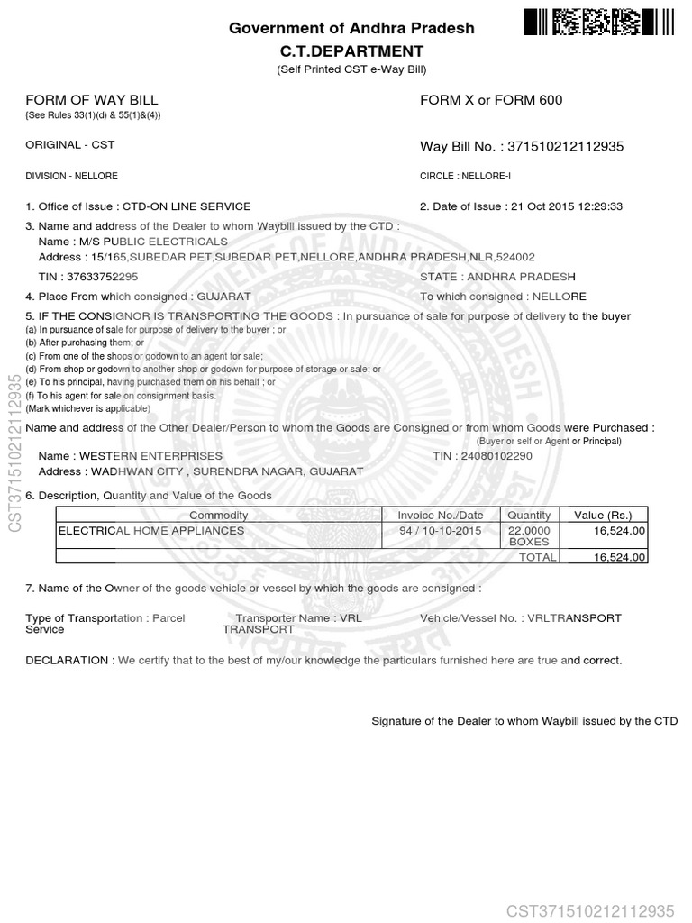 Way Bill Format | PDF | Invoice | Warehouse