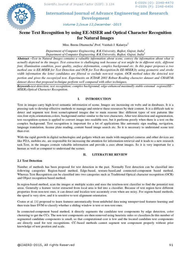Scene Text Recognition By Using Ee Mser And Optical Character