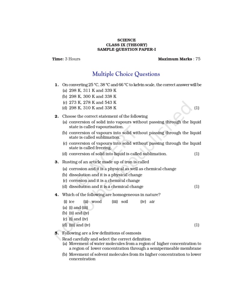 Multiple Choice Questions: Science Class Ix (Theory) Sample Question ...
