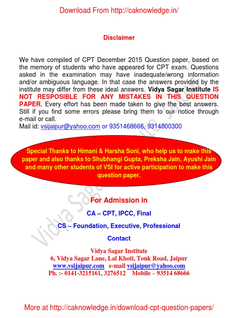 CPT December 2015 Question Paper | PDF | Debits And Credits | Depreciation