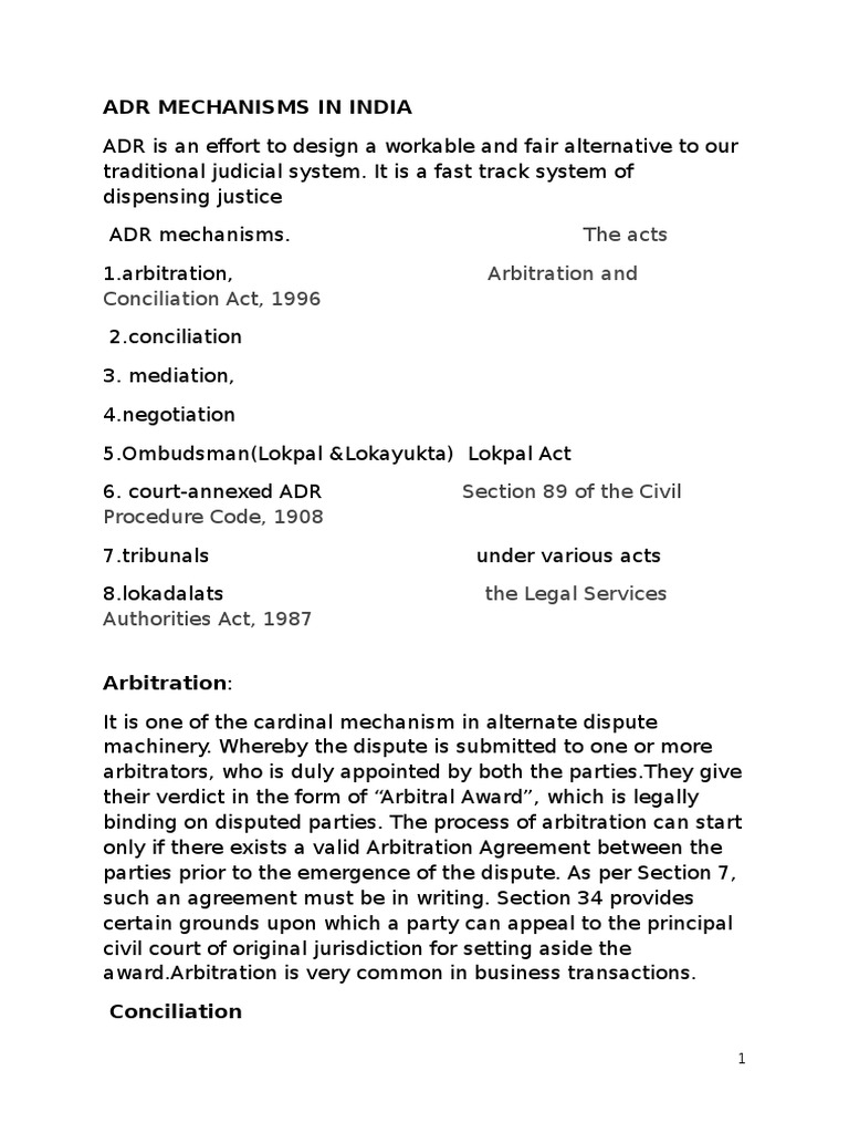 Adr Mechanisms in India | PDF | Alternative Dispute Resolution ...