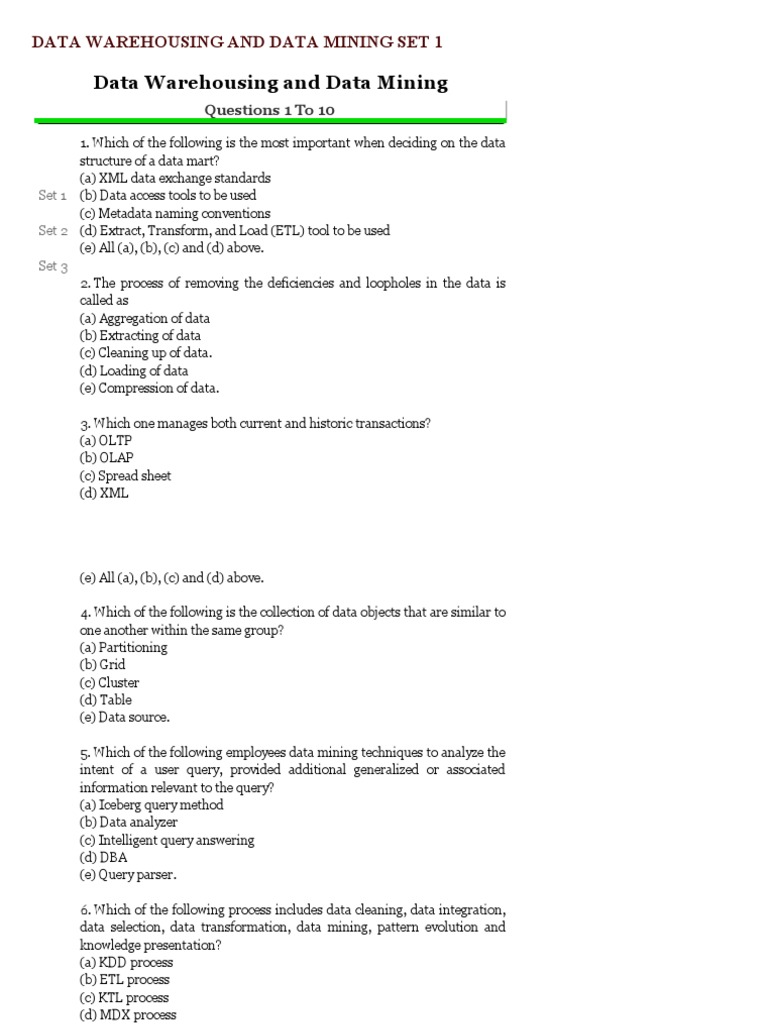 Data Warehousing and Data Mining Set 1 - Questions & Answers | PDF ...