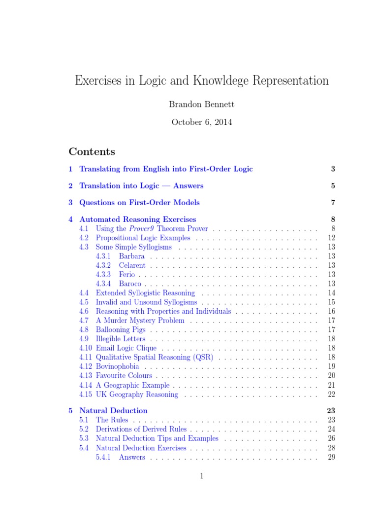 Exercises in Logic and Knowldege Representation: Brandon Bennett October 6, 2014 | PDF | First ...