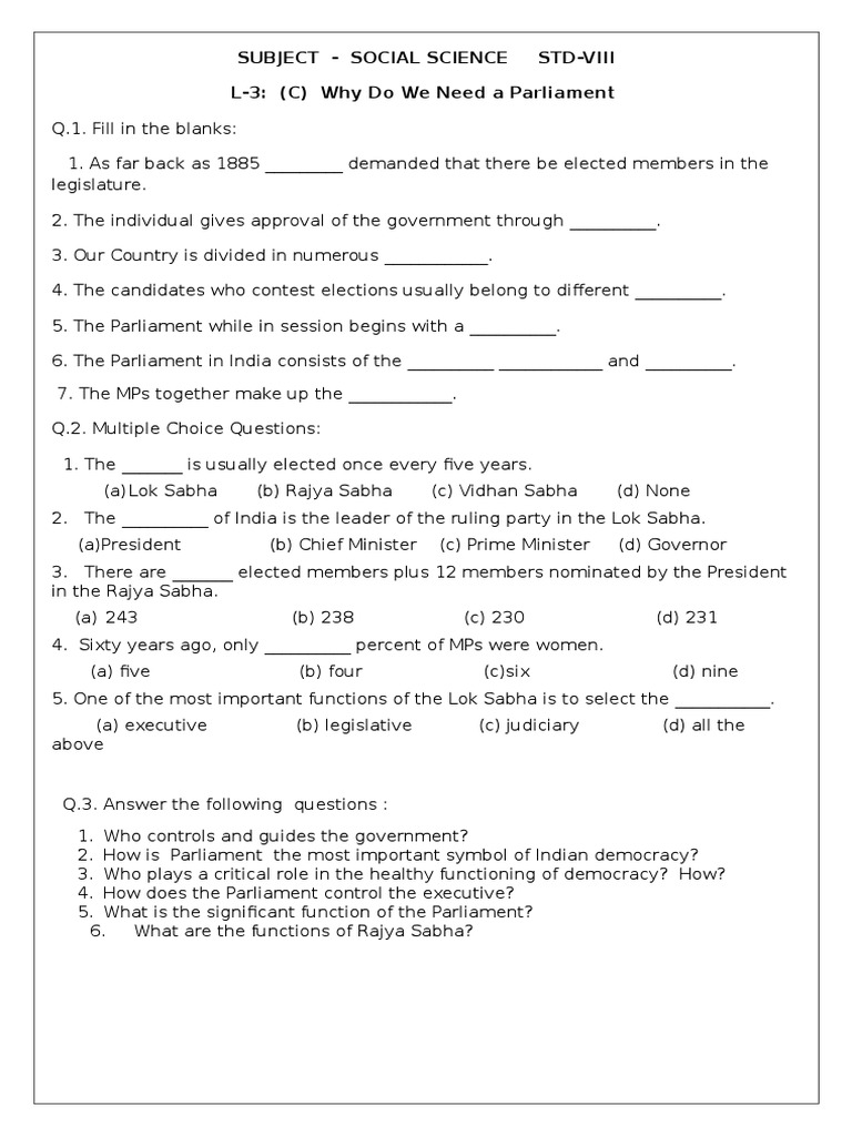 Social Science Assignment Class 8 CBSE | PDF | Member Of Parliament ...