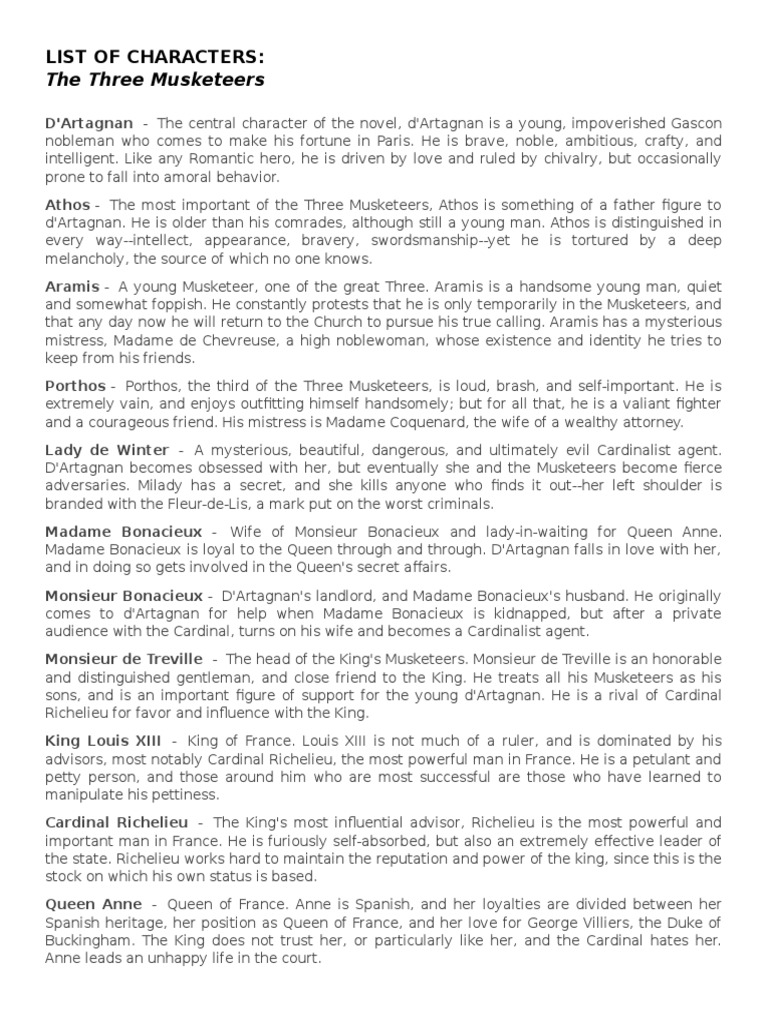 The Three Musketeers: List of Characters | PDF | The Three Musketeers ...