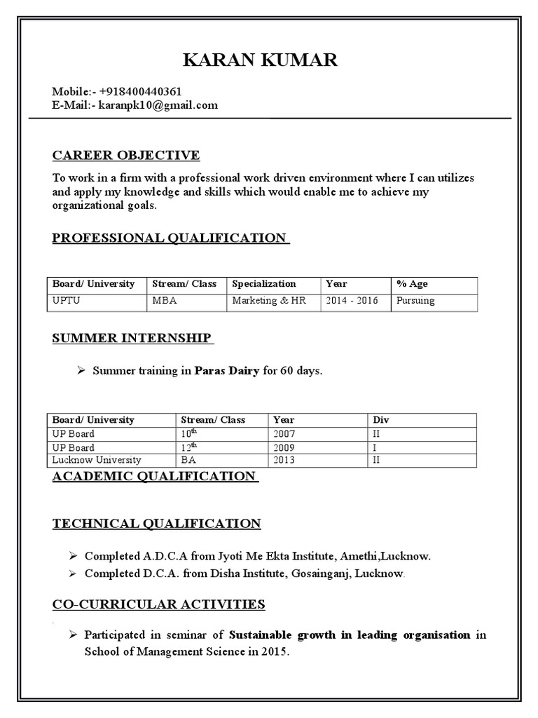 Karan Kumar's Professional Resume | PDF | Career & Growth | Business