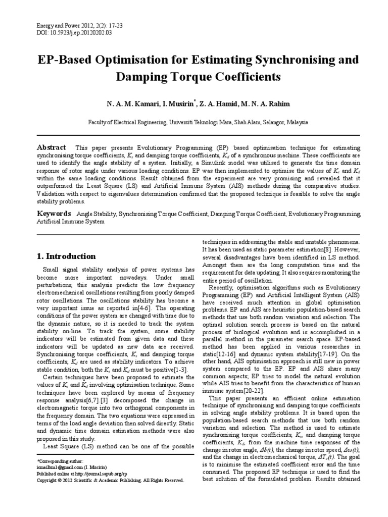 EP-Based Optimisation For Estimating Synchronising and Damping Torque Coefficients | PDF ...