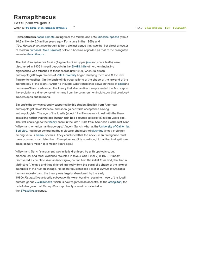 Ramapithecus - Fossil Primate Genus - Britannica | PDF | Fossil | Homo ...