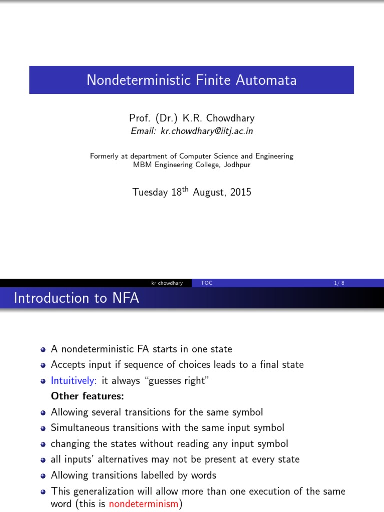 Nondeterministic Finite Automata: Prof. (DR.) K.R. Chowdhary | PDF | Linguistics | Digital ...