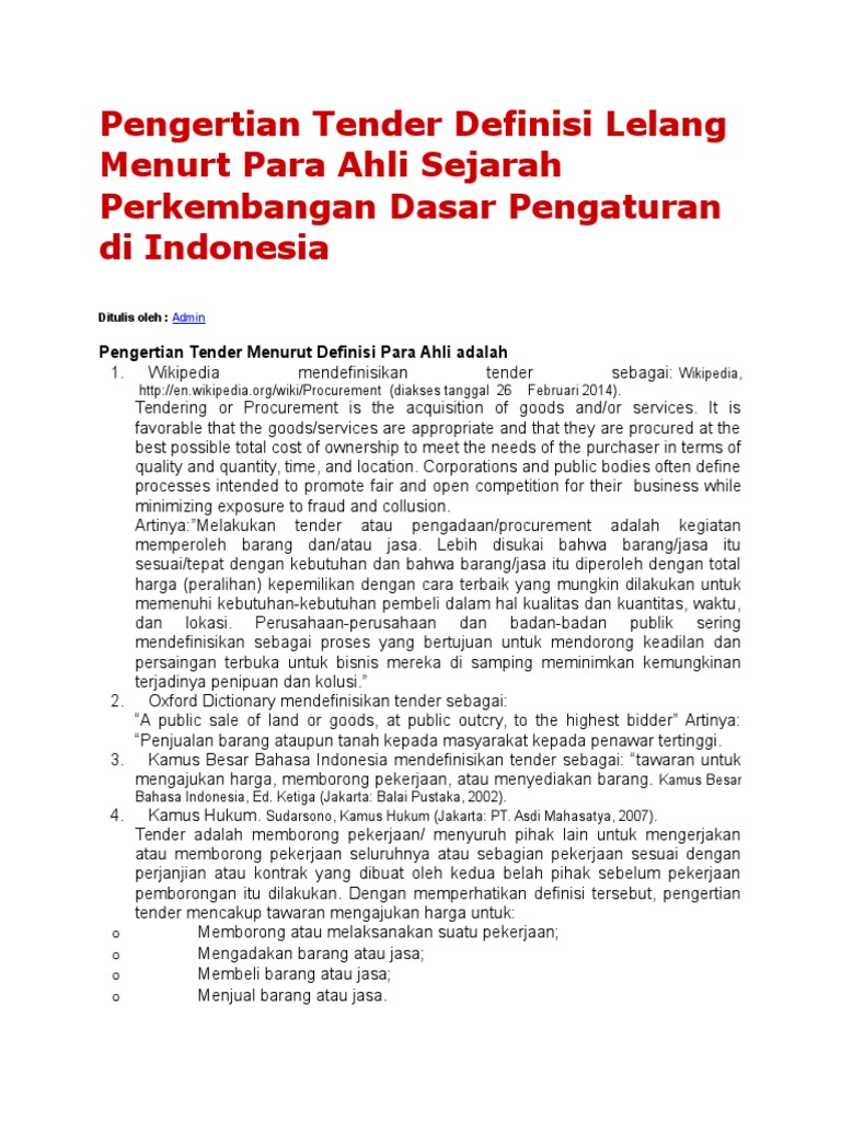 Pengertian Tender Definisi Lelang Menurt para Ahli Sejarah Perkembangan ...