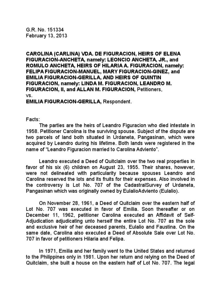 Carolina (Carlina) Vda. de Figuracion, Et Al. vs. Emilia Figuracion ...