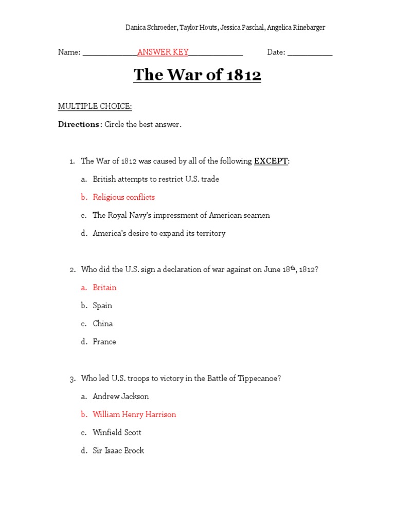 War of 1812 Worksheet and Answer Key | PDF | War Of 1812 | Warfare