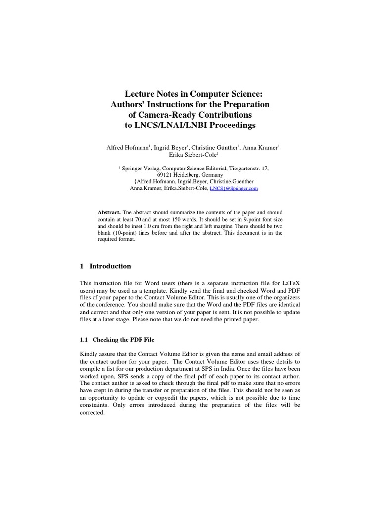 Lecture Notes in Computer Science: Authors' Instructions For The ...