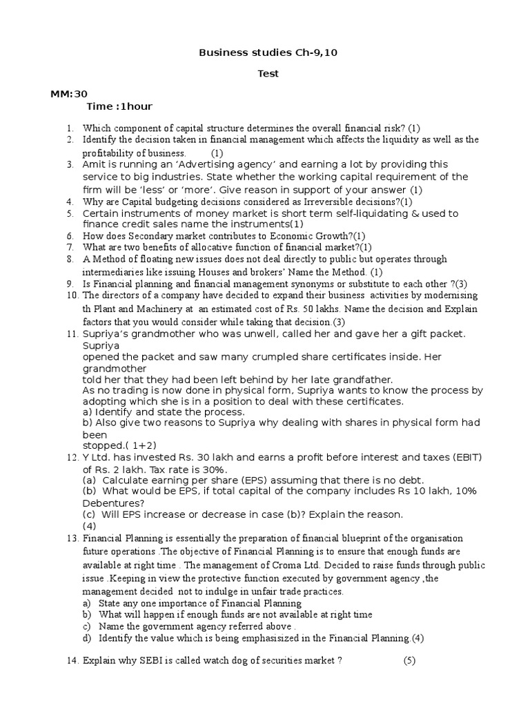 Business Studies Test: Capital Structure & Finance | PDF | Financial ...