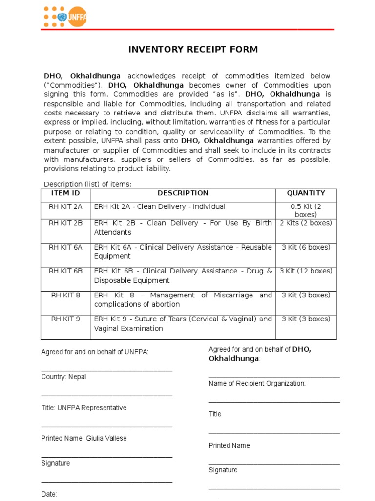 Inventory Receipt Form: DHO, Okhaldhunga Acknowledges Receipt of ...