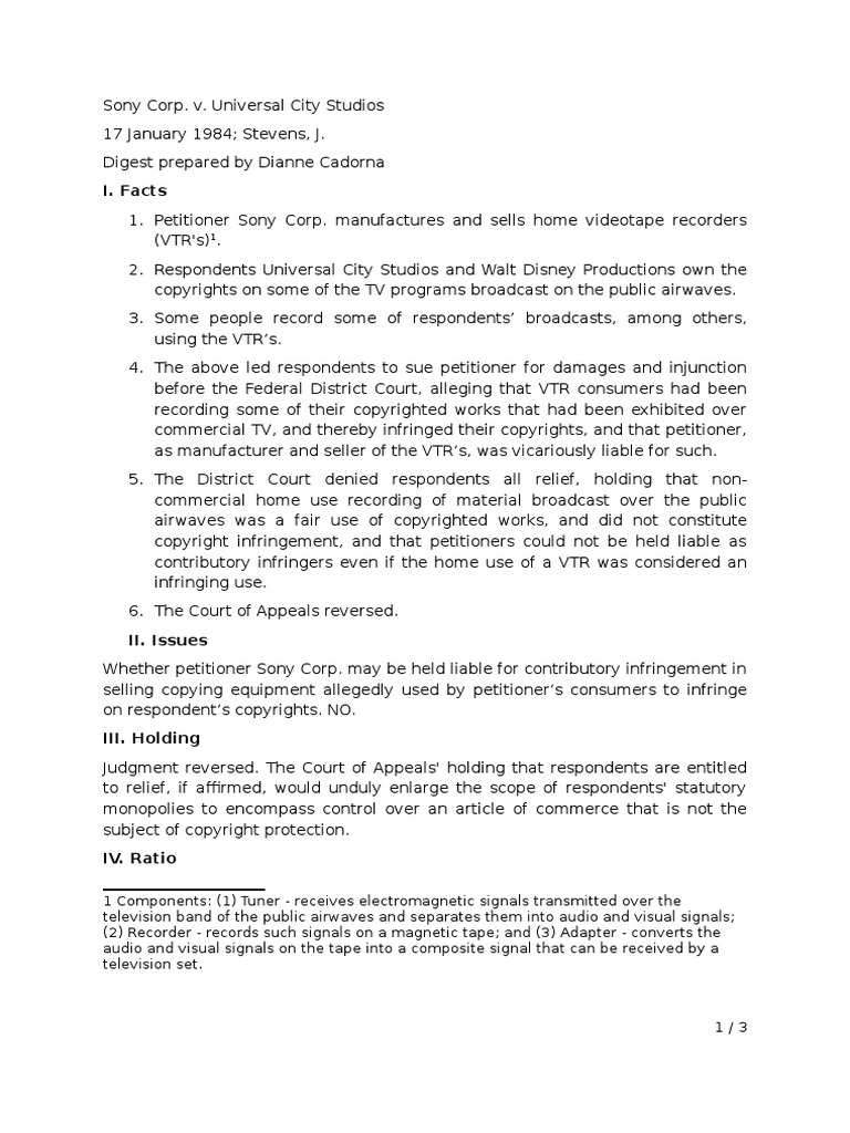 Sony v. Universal: Fair Use Ruling | PDF | Copyright Infringement ...